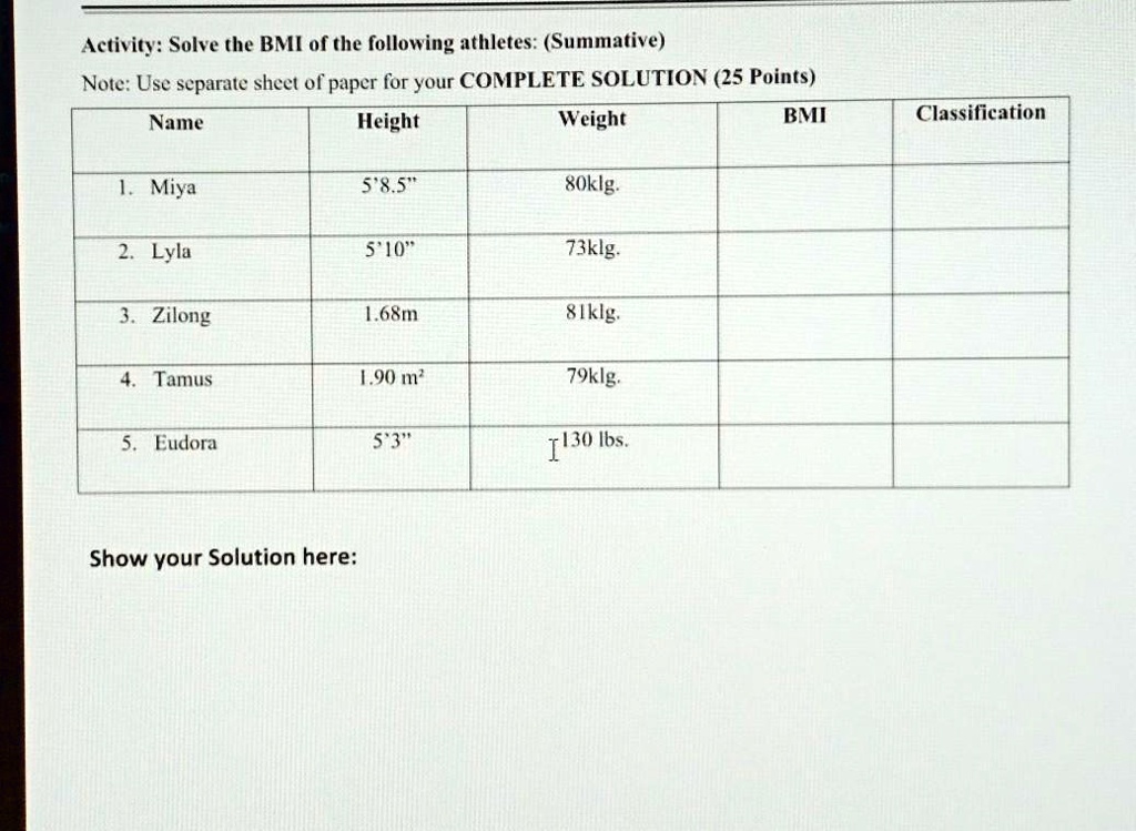 Activity: Solve the BMI of the following athletes: (Summative) Note ...