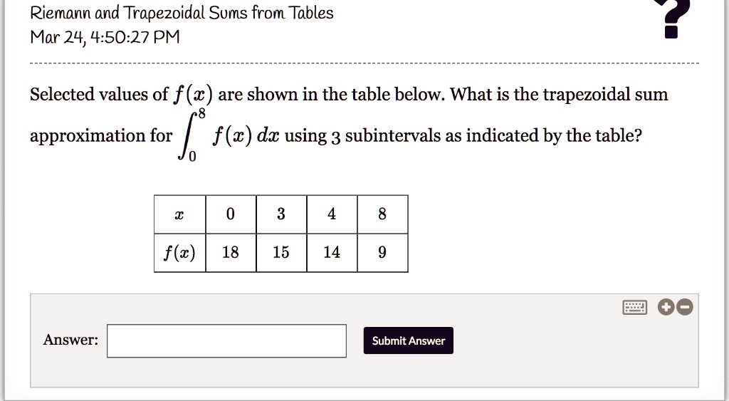 SOLVED:Riemann and Trapezoidal Sums from Tables Mar 24,4.50.27 PM Selected values of f (x) are ...