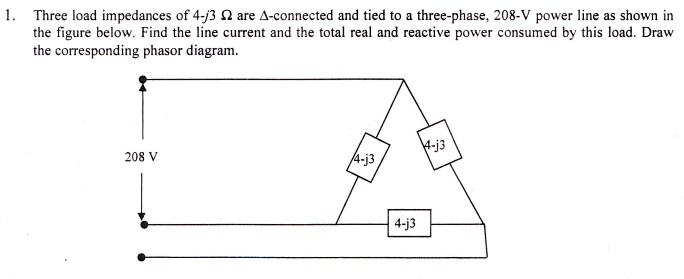 SOLVED: Three load impedances of 4-j3 are connected and tied to a three-phase, 208-V power line ...