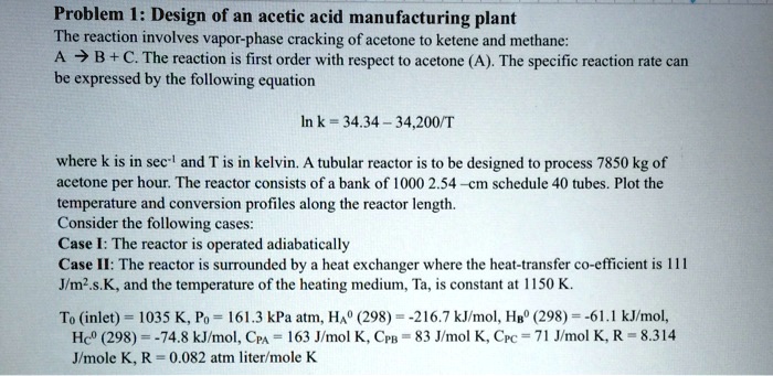 Problem 1: Design of an acetic acid manufacturing plant The reaction ...