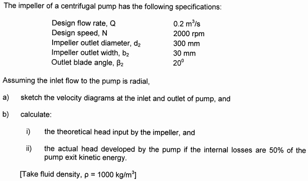 The impeller of a centrifugal pump has the following specifications ...
