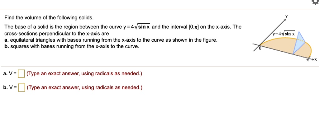 SOLVED: Find the volume of the following solids. The base of a solid is the region between the ...
