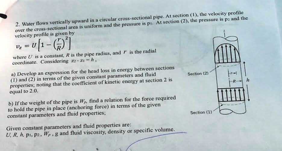 SOLVED: Water flows vertically upward in a circular cross-sectional pipe. At section (1), the ...