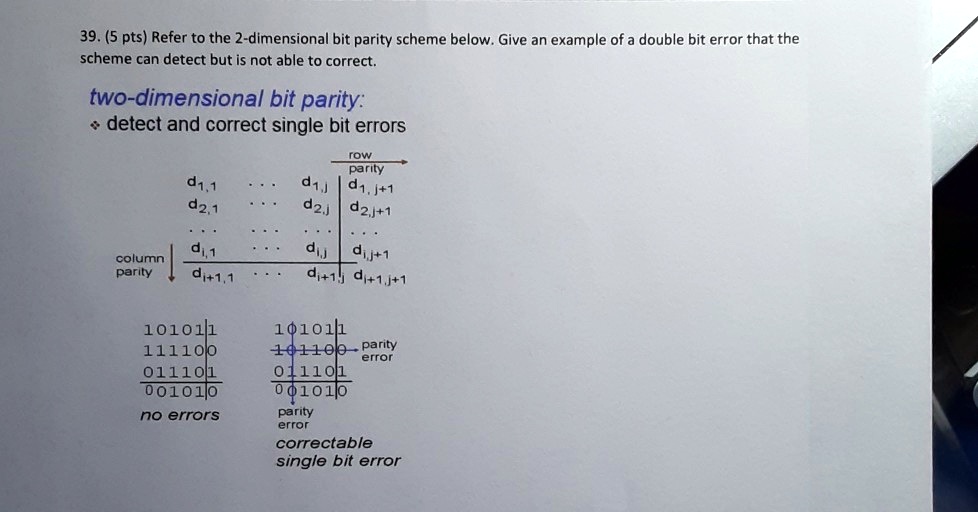 SOLVED: 39. (5 pts) Refer to the 2-dimensional bit parity scheme below ...