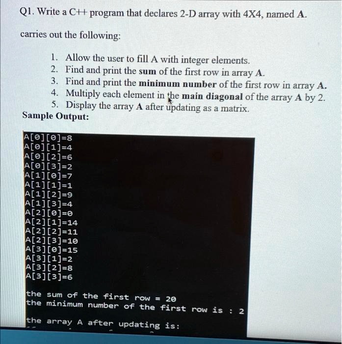 Solved Write A C Program That Declares A 2 D Array With A Size Of 4x4 Named A The Program