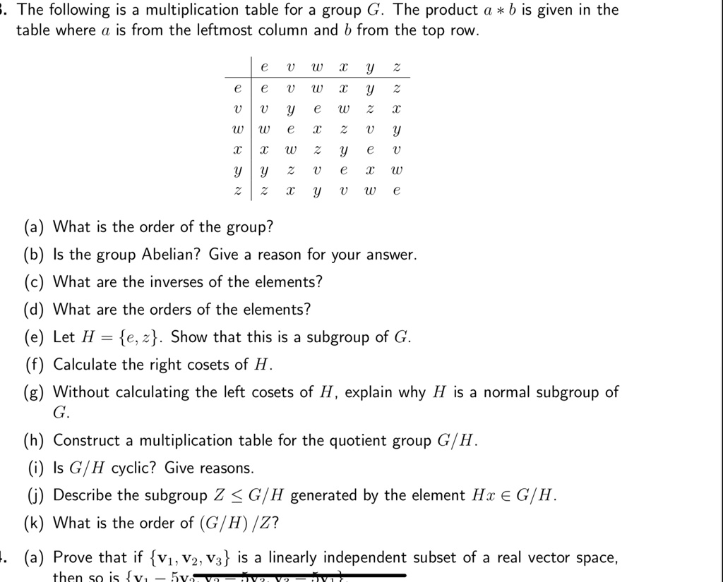 SOLVED: The following is a multiplication table for a group ( G ). The product ( a * b ) is The ...