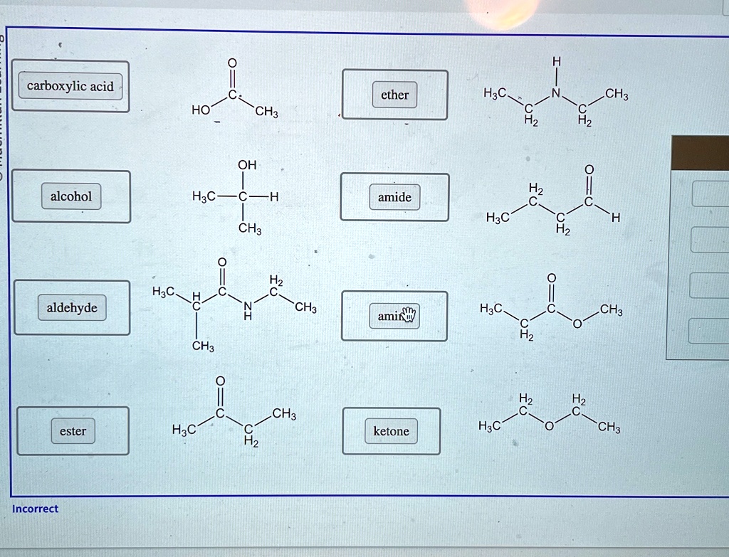carboxylic acid HO O||C3 ether H3C-N-CH3 H22 OH alcohol H3C-C-H CH3 amide H3C-C-C-H H22 H3C ...