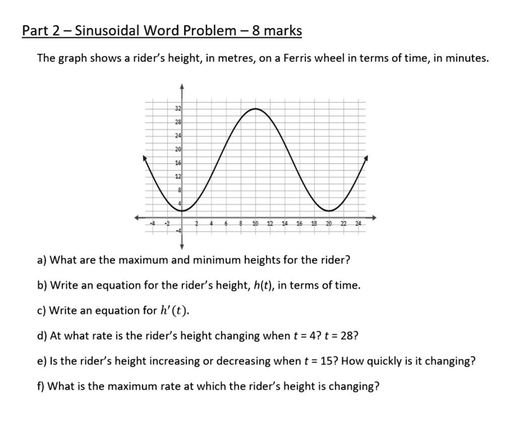 SOLVED: Part 2 Sinusoidal Word Problem 8 marks The graph shows a rider's height, in metres, on a ...