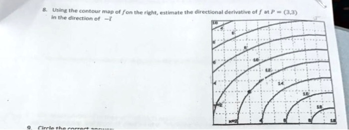 8. Using the contour map of f on the right, estimate the directional derivative of f at P = (3,3 ...