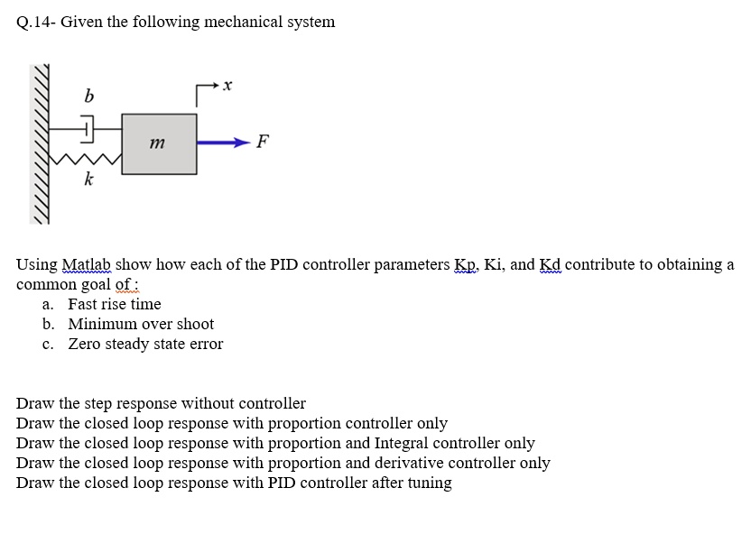 Q.14- Given the following mechanical system b x m F k Using Matlab show how each of the PID ...