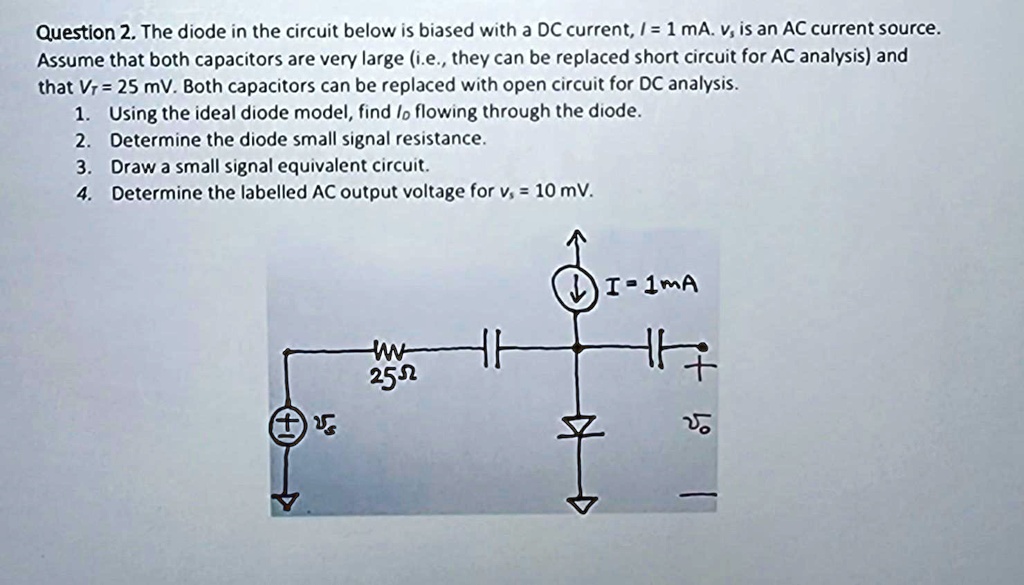 Question 2. The diode in the circuit below is biased with a DC current, I = 1 mA. vi is an AC ...