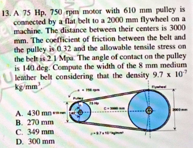 SOLVED: 13.A75 Hp, 750 rpm motor with a 610 mm pulley is connected by a ...