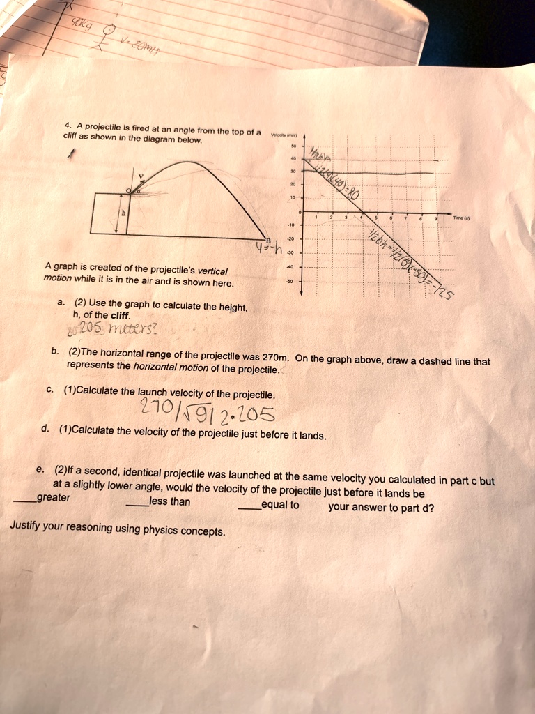 SOLVED: A projectile is fired at an angle from the top of a cliff as ...
