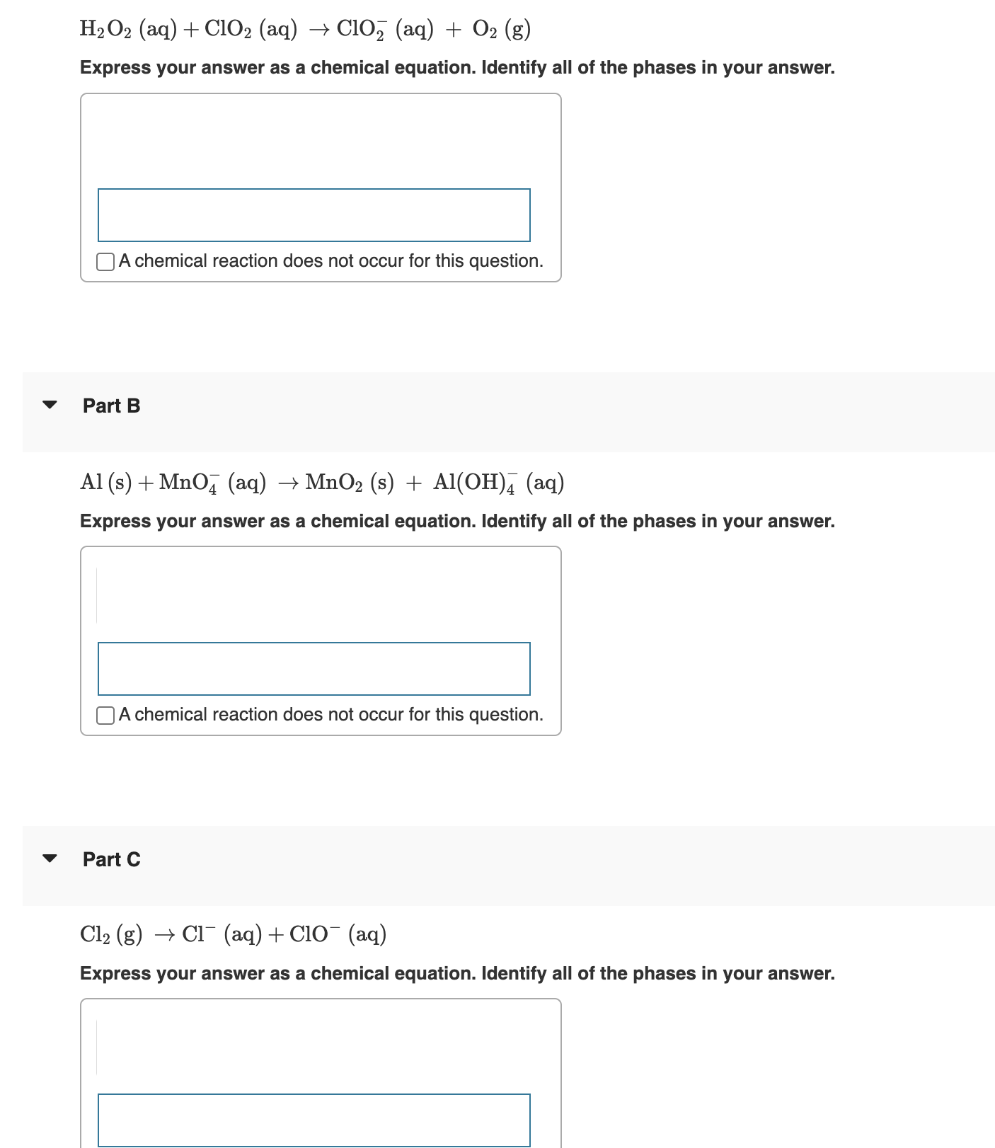 SOLVED: H2O2(aq)+ClO2(aq) →ClO2^-(aq)+O2( g) Express your answer as a chemical equation ...
