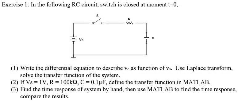 SOLVED: Exercise 1: In the following RC circuit, the switch is closed at moment t=0. Write the ...