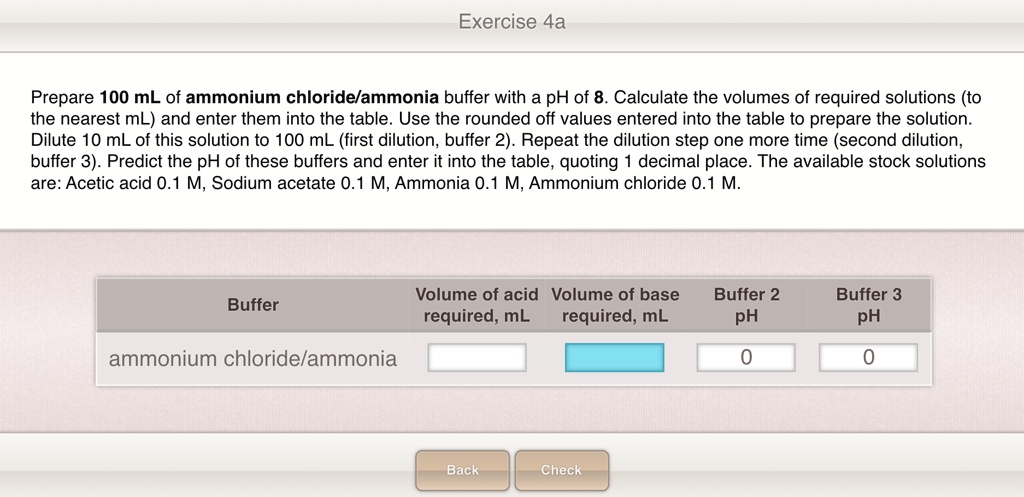 SOLVED: Exercise 4a Prepare 100 mL of ammonium chloride-ammonia buffer ...