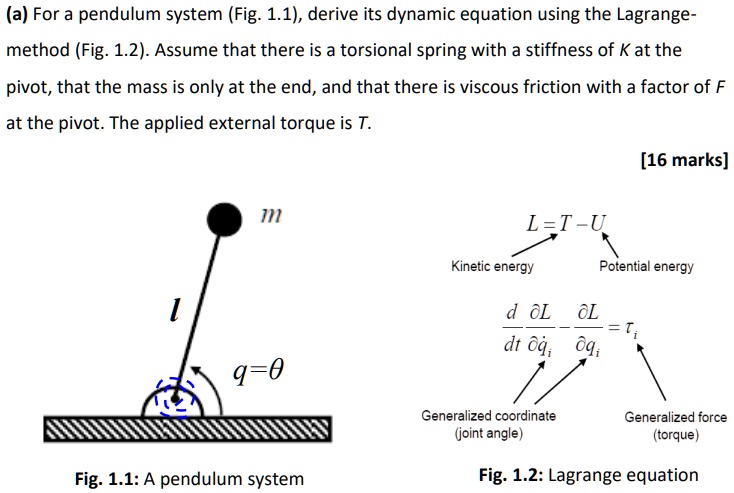 (a) For a pendulum system (Fig. 1.1), derive its dynamic equation using the Lagrange-method (Fig ...