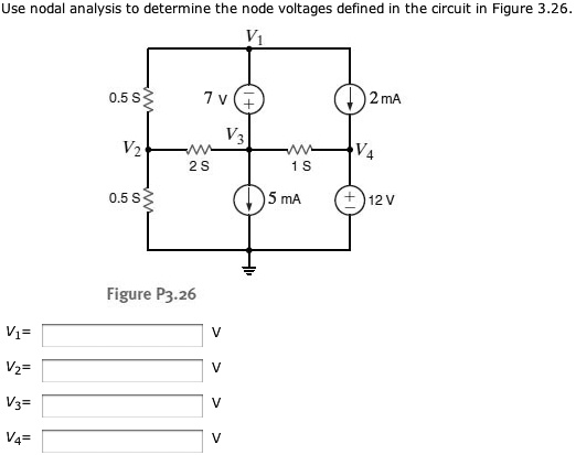 Use nodal analysis to determine the node voltages defined in the circuit in Figure 3.26. V1 0.5 ...