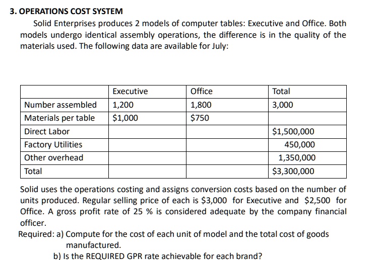 SOLVED: Solid Enterprises produces 2 models of computer tables ...