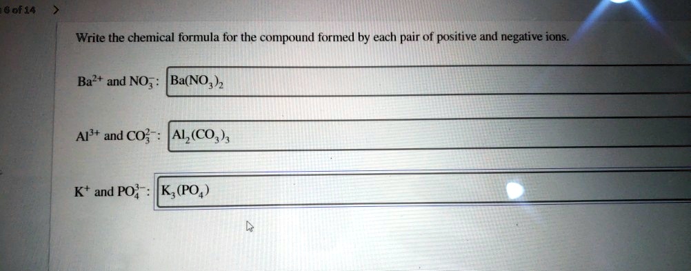 SOLVED: Write the chemical formula for the compound formed by each pair of positive and negative ...