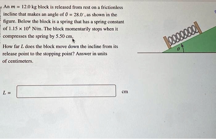 SOLVED: An m=12.0 kg block is released from rest on a frictionless incline that makes an angle ...
