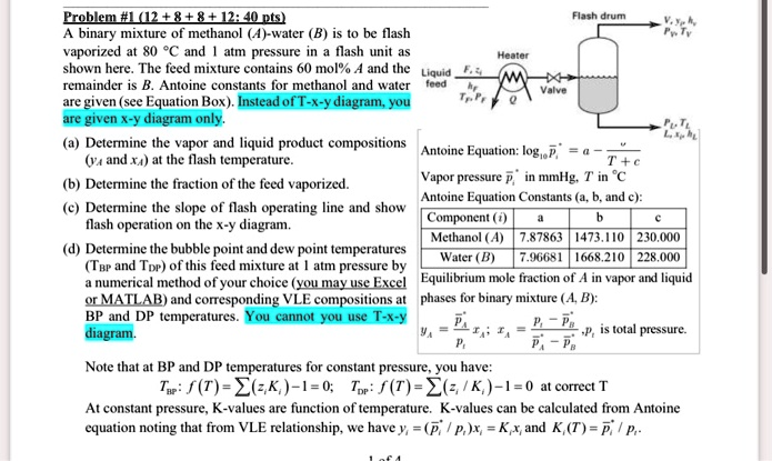 SOLVED: Problem #1 (12 + 8 + 8 + 12: 40 pts) A binary mixture of methanol (A) - water (B) is to ...