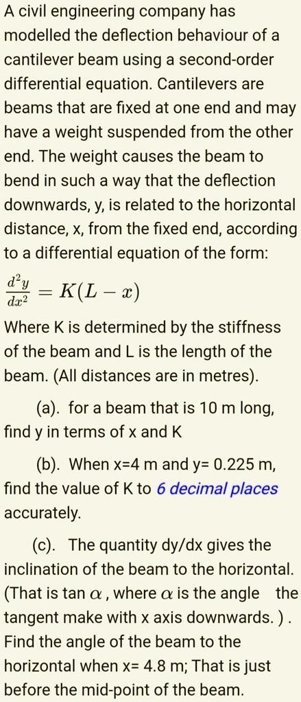 SOLVED: A civil engineering company has modelled the deflection ...
