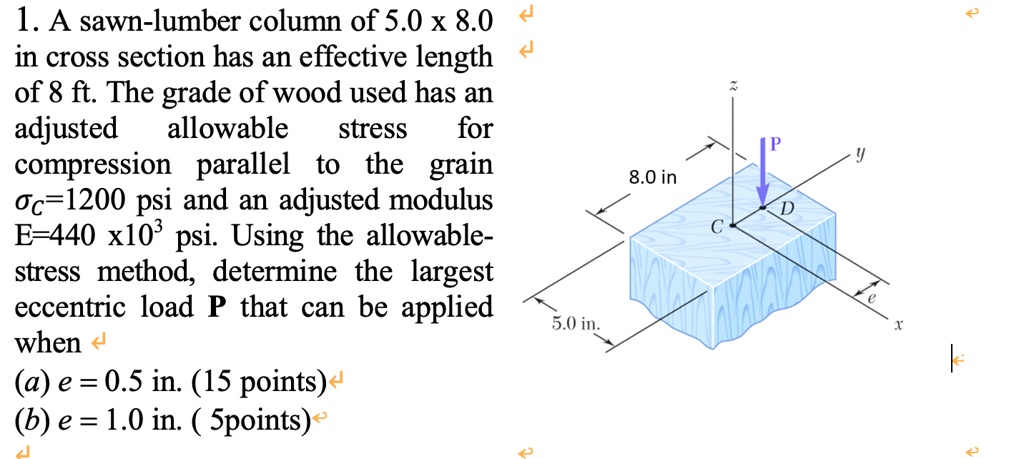 SOLVED: A sawn-lumber column of 5.0 x 8.0 in cross-section has an effective length of 8 ft. The ...