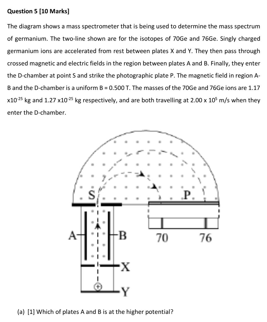 Question 5 [10 Marks] The diagram shows a mass spectrometer that is ...