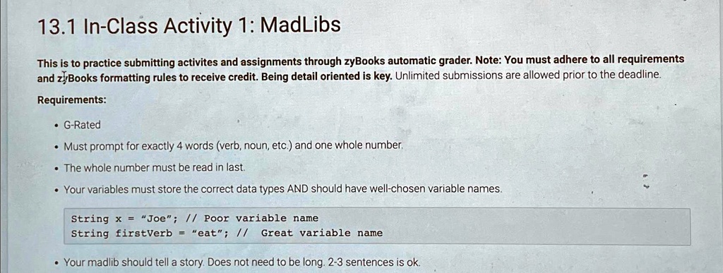 13.1 In-Class Activity 1: MadLibs This is to practice submitting ...