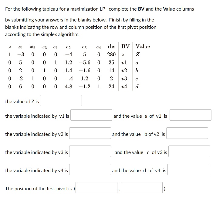 For the following tableau for a maximization LP complete the BV and the Value columns by ...