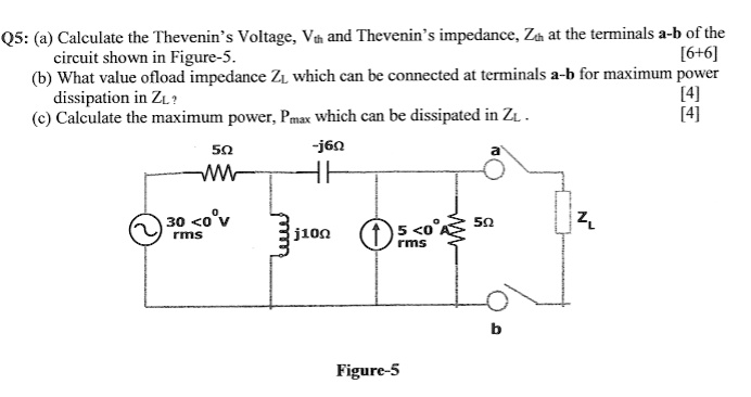 SOLVED: Q5: (a) Calculate the Thevenin's Voltage, Vh, and Thevenin's impedance, Z, at the ...
