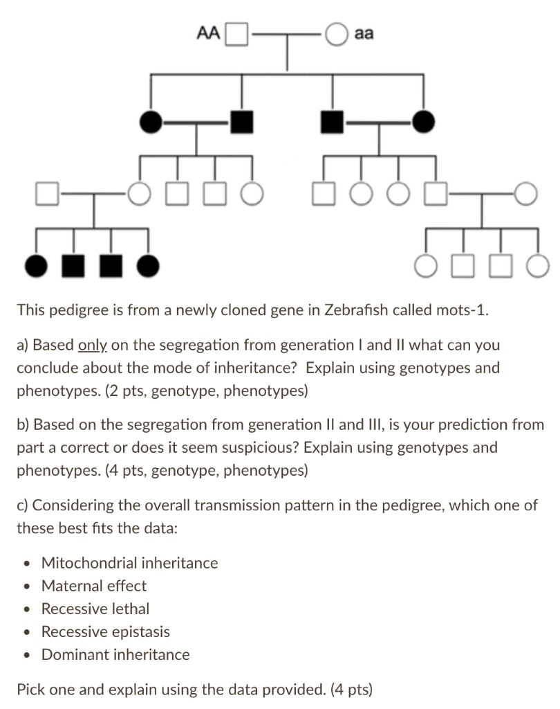 SOLVED: This pedigree is from a newly cloned gene in Zebrafish called mots-1. a) Based only on ...