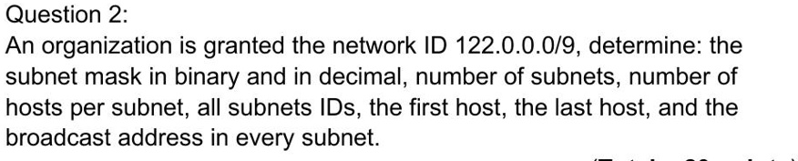 SOLVED: Question 2: An organization is granted the network ID 122.0.0.0 ... SOLVED: Question 2: An organization is granted the network ID 122.0.0.0 ...