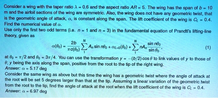 consider a wing with the taper ratio a06 and the aspect ratio ar5the ...