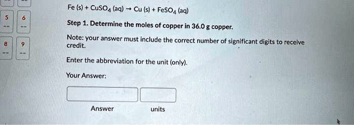 fe s cusoa aq cu s feso4 aq stcp 1 determine the moles of copper in 360 ...
