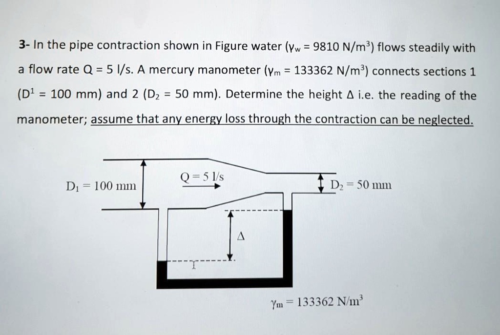 SOLVED: 3- In the pipe contraction shown in Figure water (Yw = 9810 N/m ...