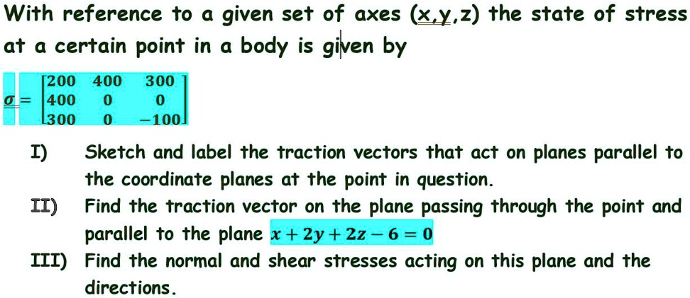 with reference to a given set of axes xyz the state of stress at a ...