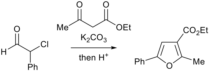 O || C=C-Cl H Ph MeC(=O)CC(=O)OEt K2CO3 then H^+ Ph CO2Et Me O