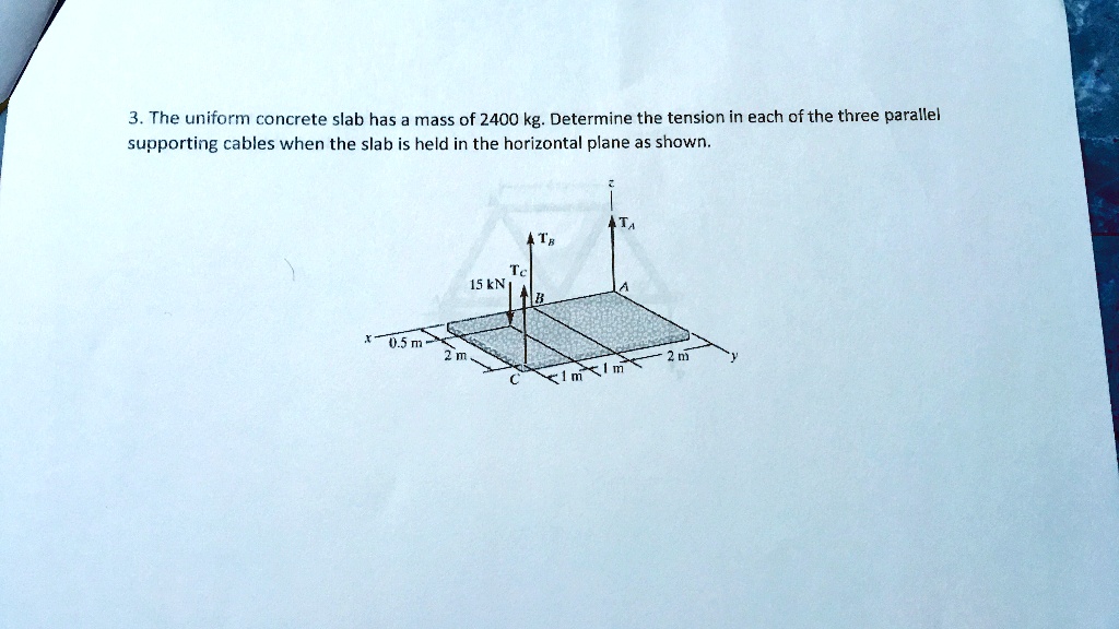 SOLVED: 3. The uniform concrete slab has mass of 2400 kg Determine the ...