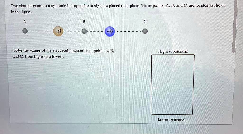 two charges equal in magnitude but opposite in sign are placed on a plane three points a b and c ...