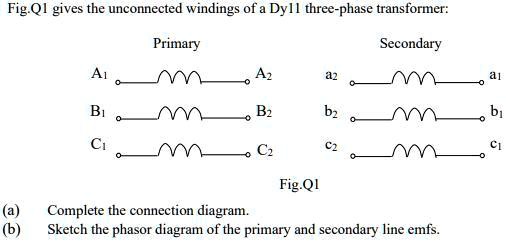 Fig.Q1 gives the unconnected windings of a Dy11 three-phase transformer ...