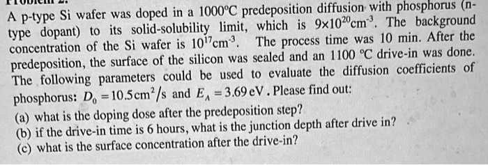 SOLVED: A p-type Si wafer was doped in a 1000Â°C predeposition diffusion with phosphorus (n-type ...