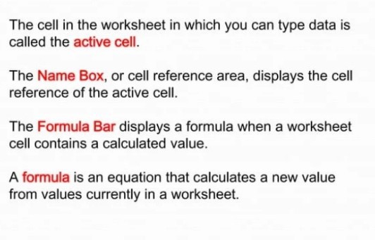 The cell in the worksheet in which you can type data is called the active cell. The Name Box, or ...