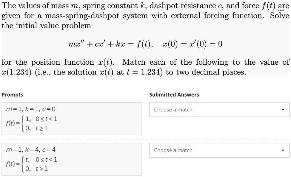 SOLVED: The values of mass m, spring constant k, dashpot resistance C, and force f(t) are given ...