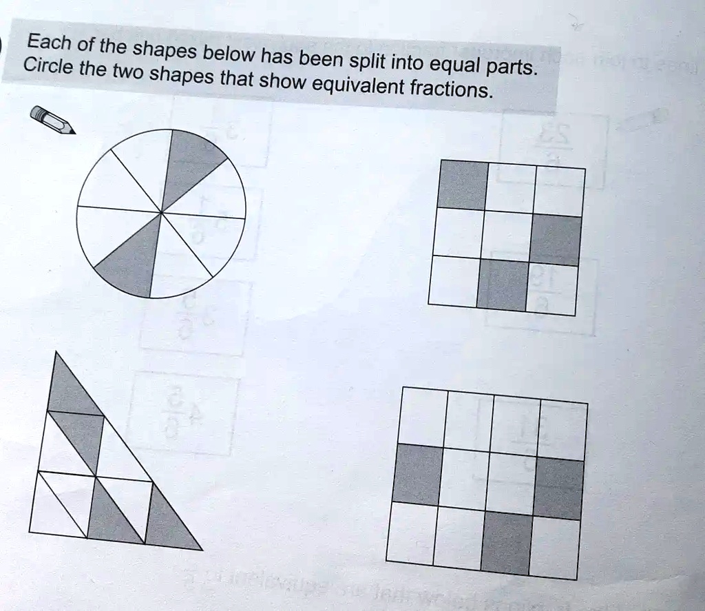 Each of the shapes below has been split into equal parts. Circle the ...