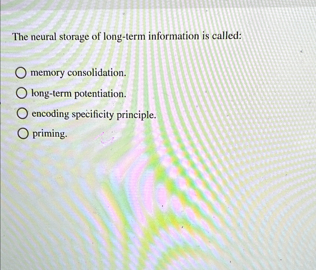 The neural storage of long-term information is called: memory consolidation. long-term ...
