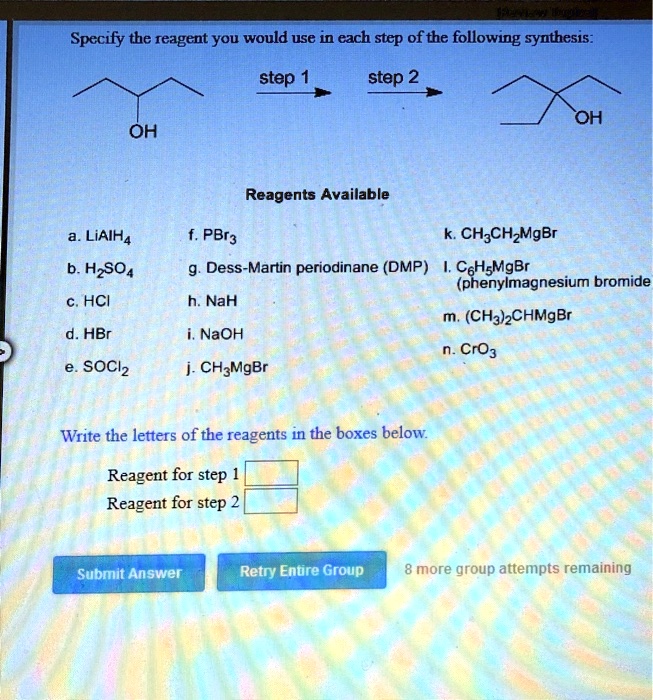 Specify the reagent you would use in each step of the following synthesis: Step 1: Step 2: OH OH ...