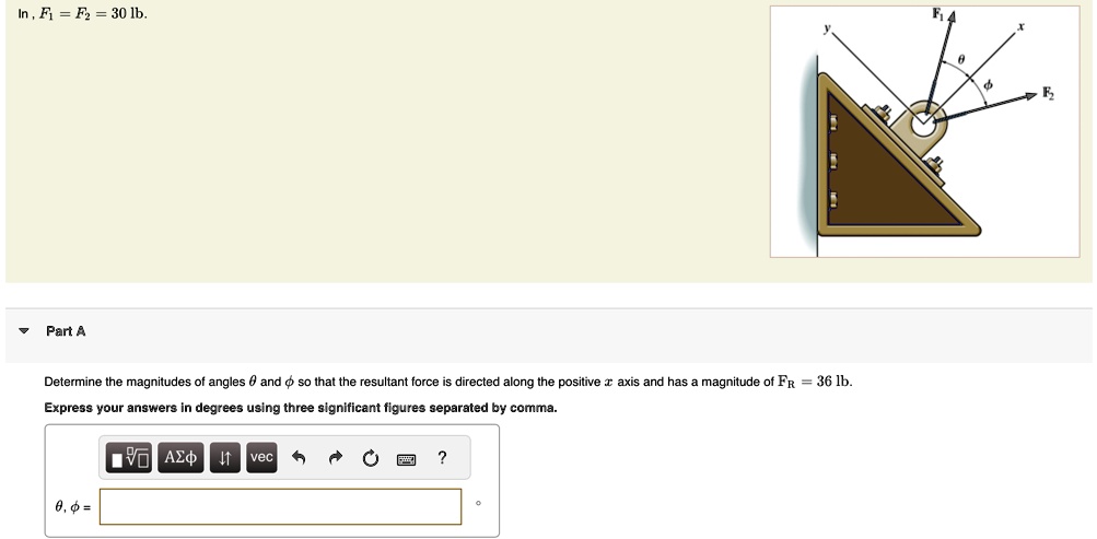 In, F1 = F2 = 30 lb. Part A Determine the magnitudes of angles θ and ϕ ...