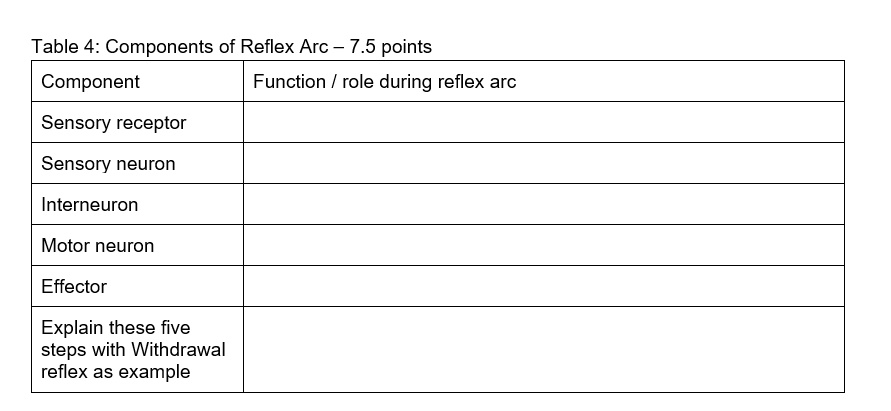 table 4 components of reflex arc 75 points component sensory receptor ...